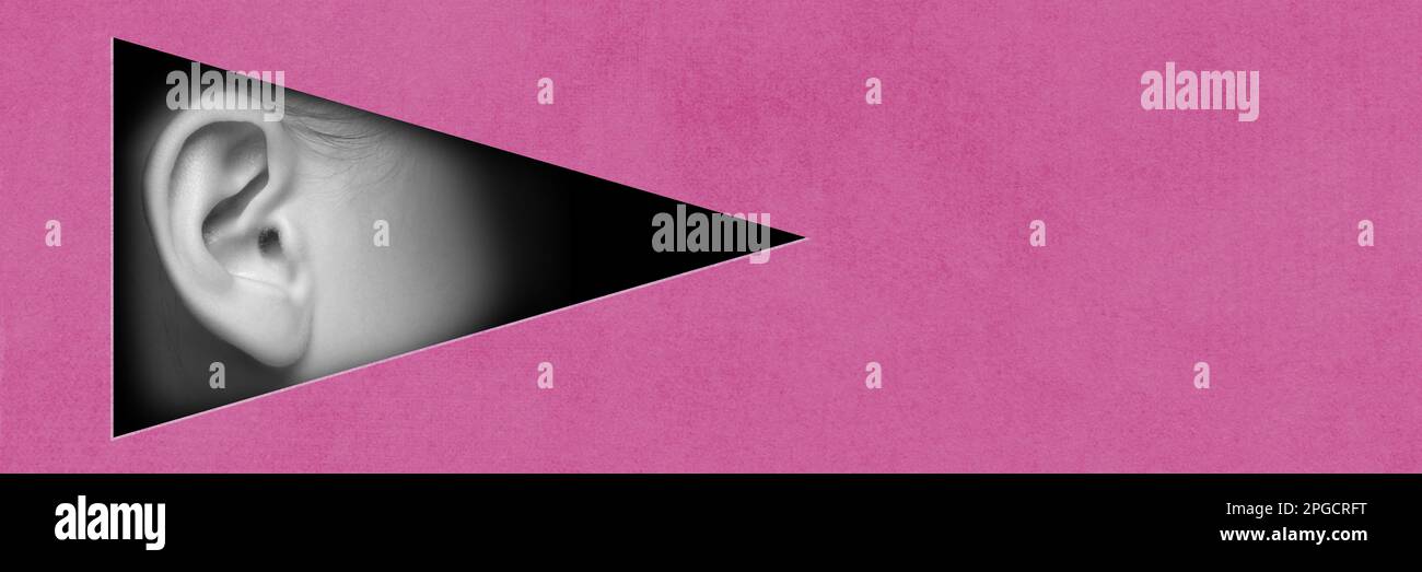 Overhearing. Human face part, ear over pink background. Geometric ...