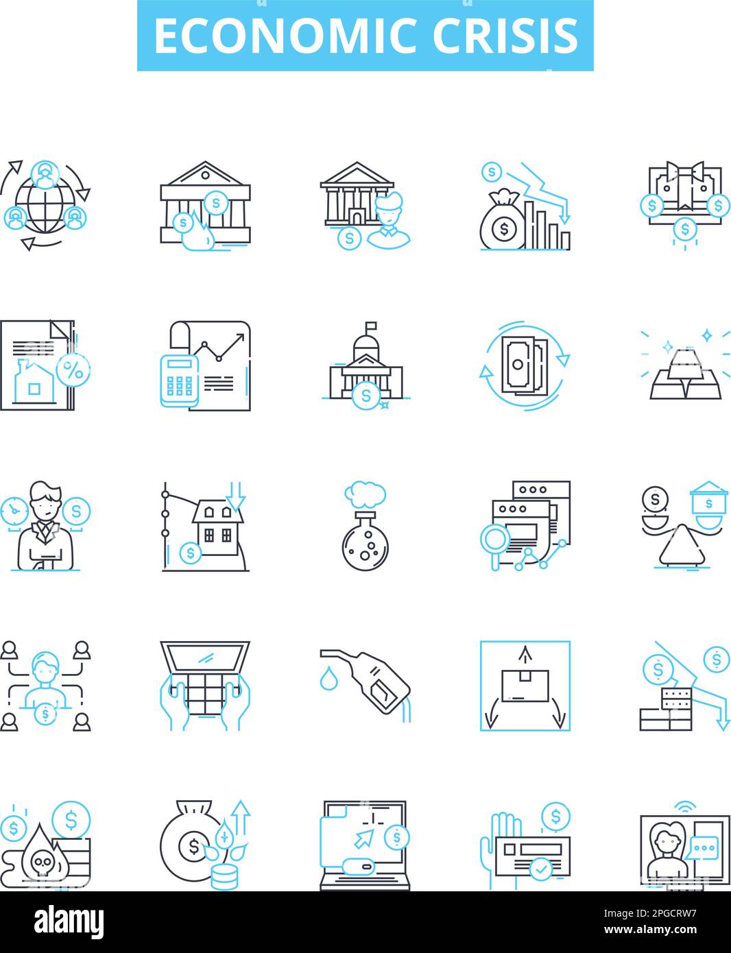 Economic crisis vector line icons set. Economy, Crisis, Recession, Inflation, Deflation ...