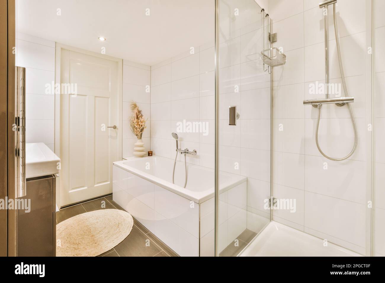 Interior design of hygiene bathroom with bathtub washbasin and glass ...