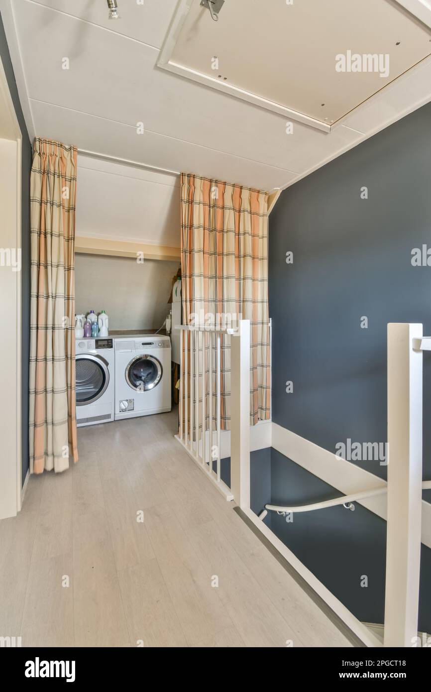 Interior design of attic room with wooden floor and railing opening ...