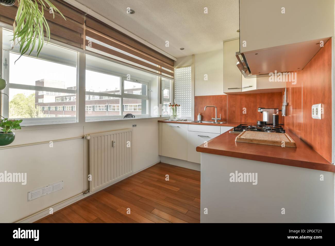 Side view of Interior design of modern kitchen with cabinets and built ...