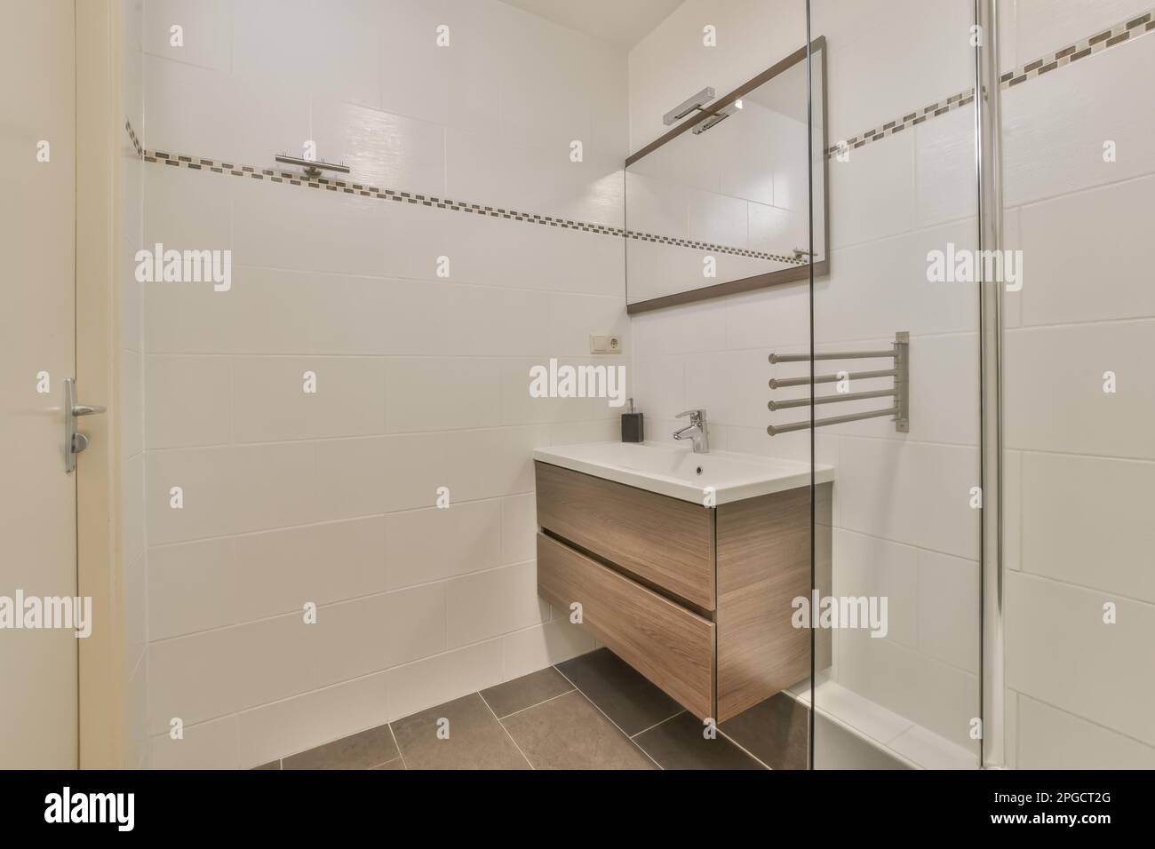 Through glass view of interior design of bathroom with inside shower ...