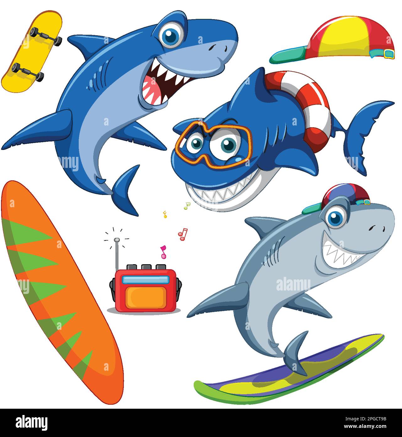 Set of sea creatures cartoon character in summer illustration Stock ...