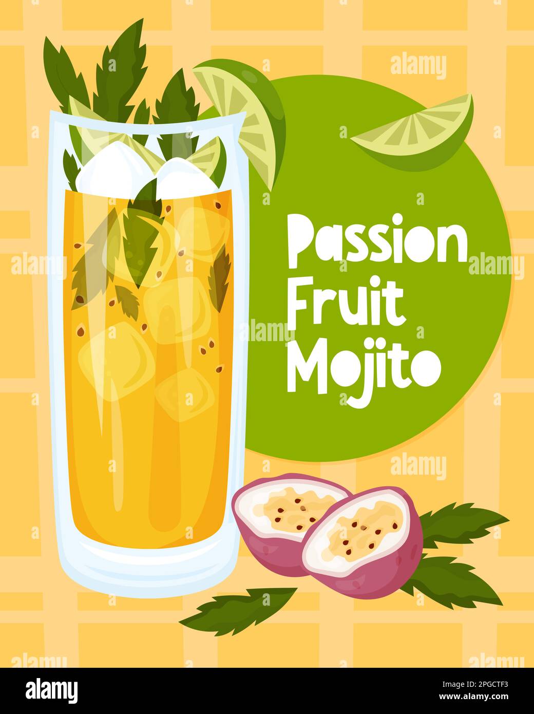 Passion Fruit Mojito tropical Cuban cocktail. Vertical color poster with Mojitos summer cocktail ...