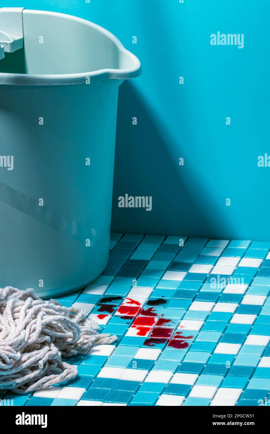 Bucket and mopping stick placed near spilled blood on blue tiled floor ...