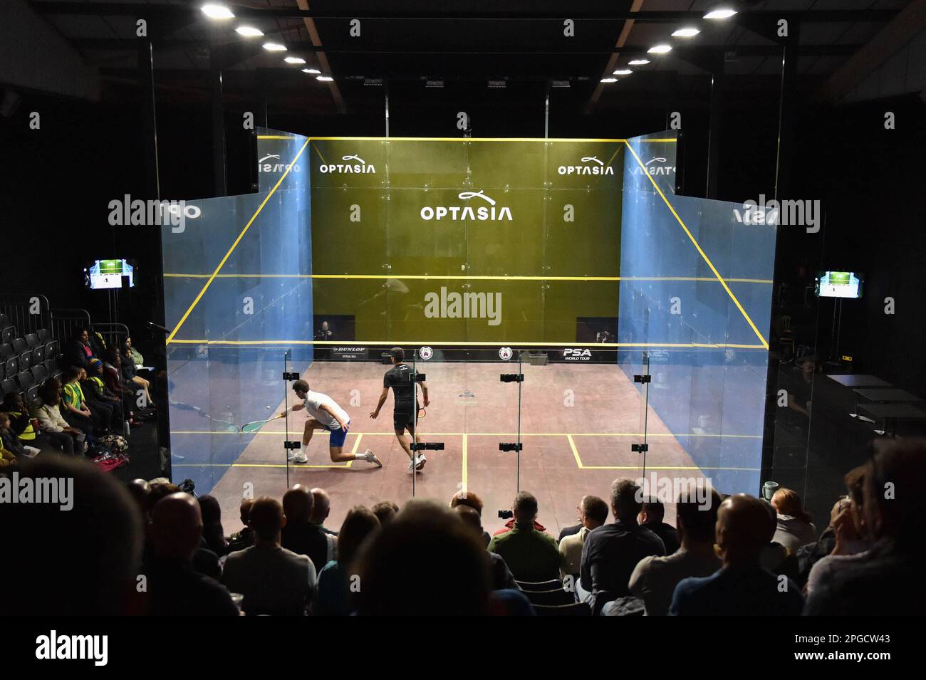 London, UK on 21 March 2023. Saurav Ghosal (India) takes on Auguste ...