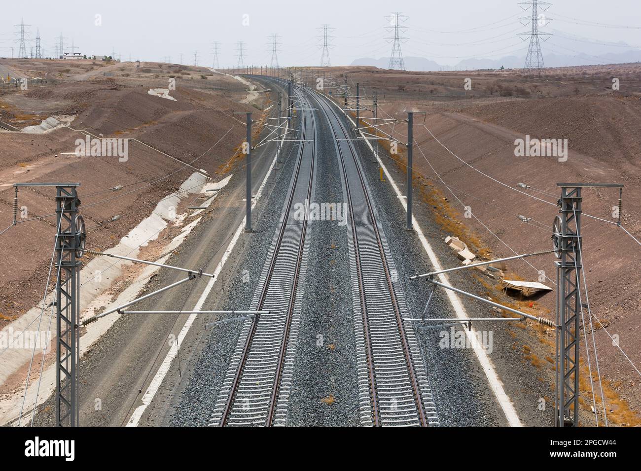 Aerial view of infrastructure project with dual high speed railway ...