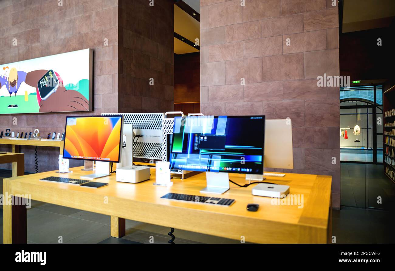 Paris, France - Mar 20, 2023: An Apple Store with sleek furniture, the ...