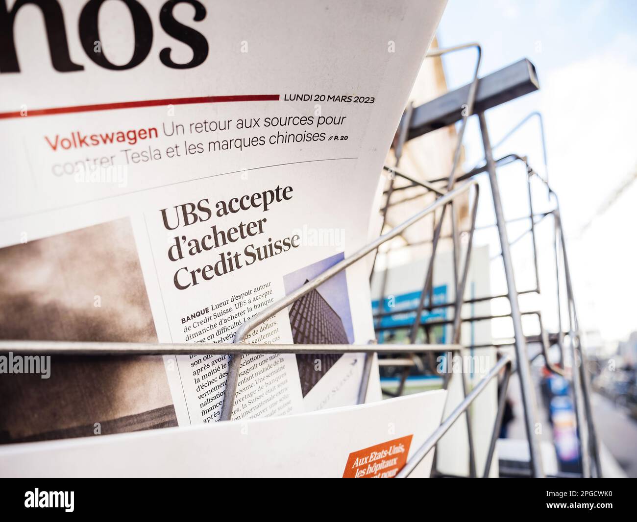 Paris, France - Mar 20, 2023: Press mass media kiosk with headline of ...
