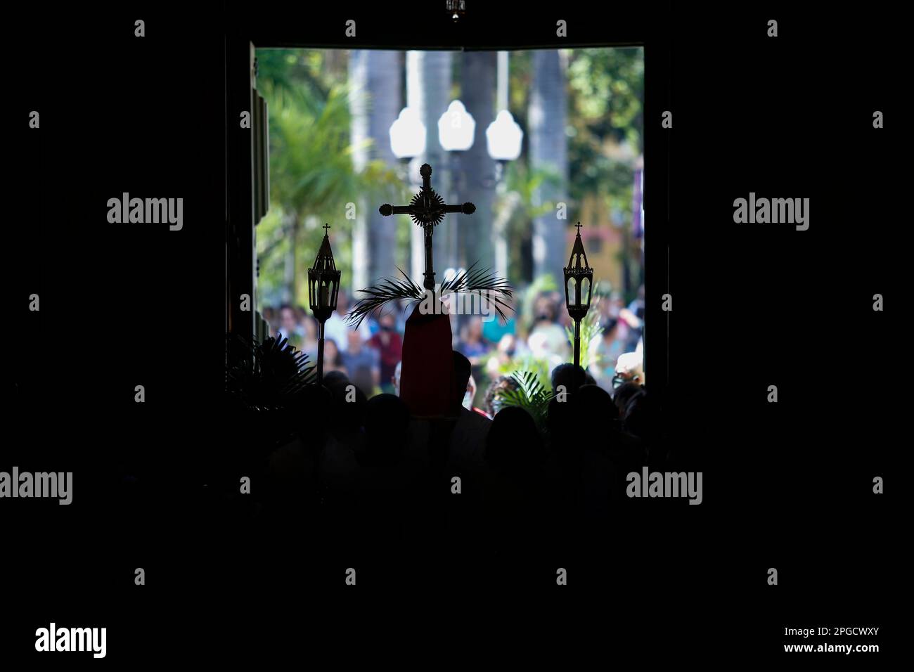 Holy Week. Backlight procession. Traditional Catholic celebration Palm Sunday. Christian faith ...