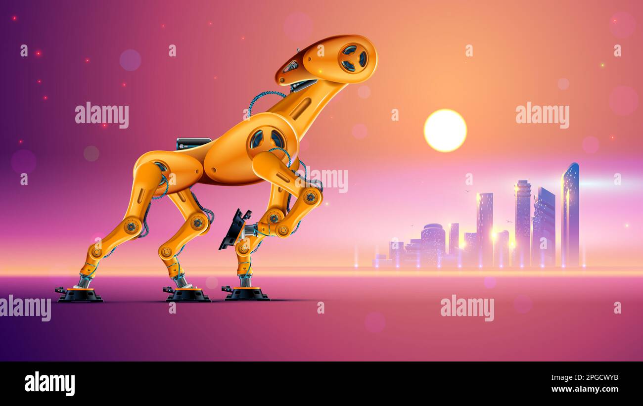 Robot animal going in desert. Post apocalyptic futuristic landscape of ...