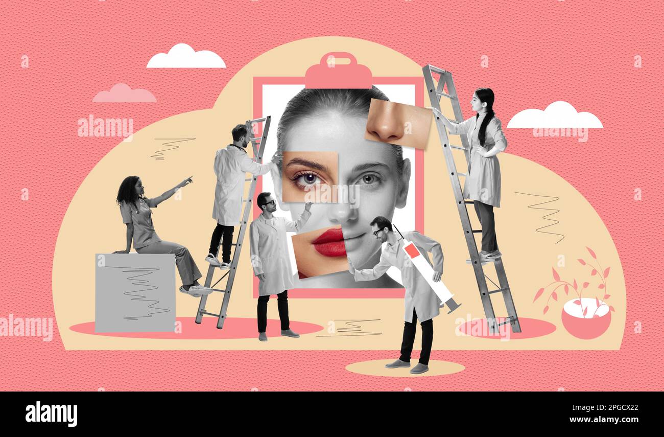 Contemporary art collage. Doctors helping female patient with plastic ...