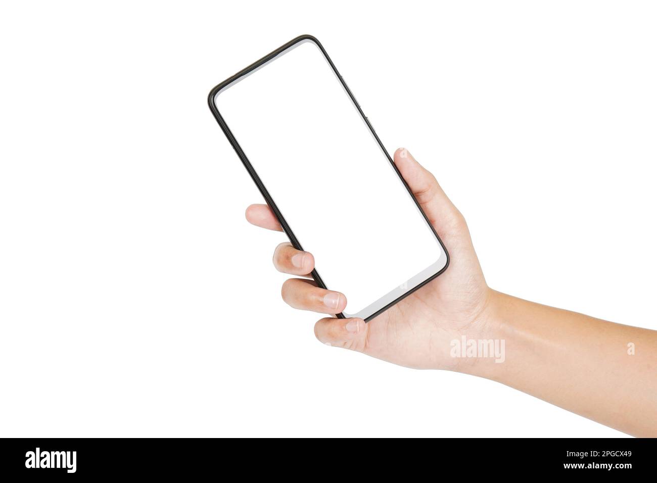 Empty screen phone in hand isolated on white background with clipping ...