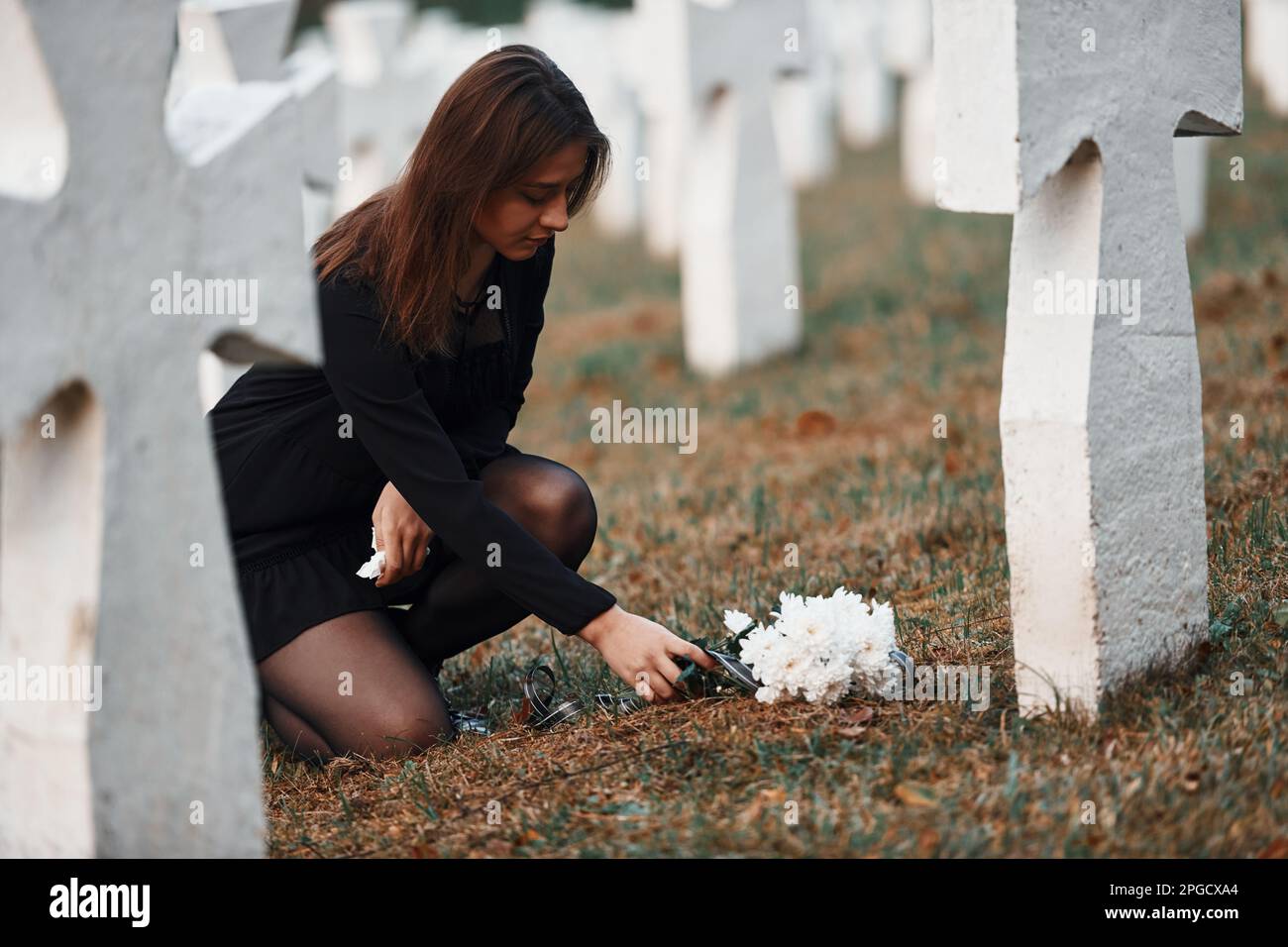 Gives respect by putting flowers. Young woman in black clothes visiting ...