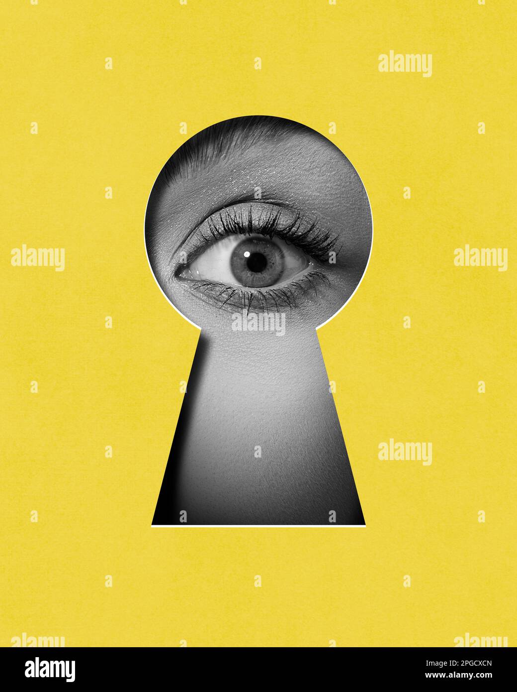 Hidden secrets. Female eye attentively looking into keyhole against yellow background ...