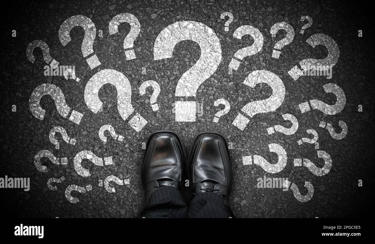 Black business shoes and many question marks - problem concept Stock ...
