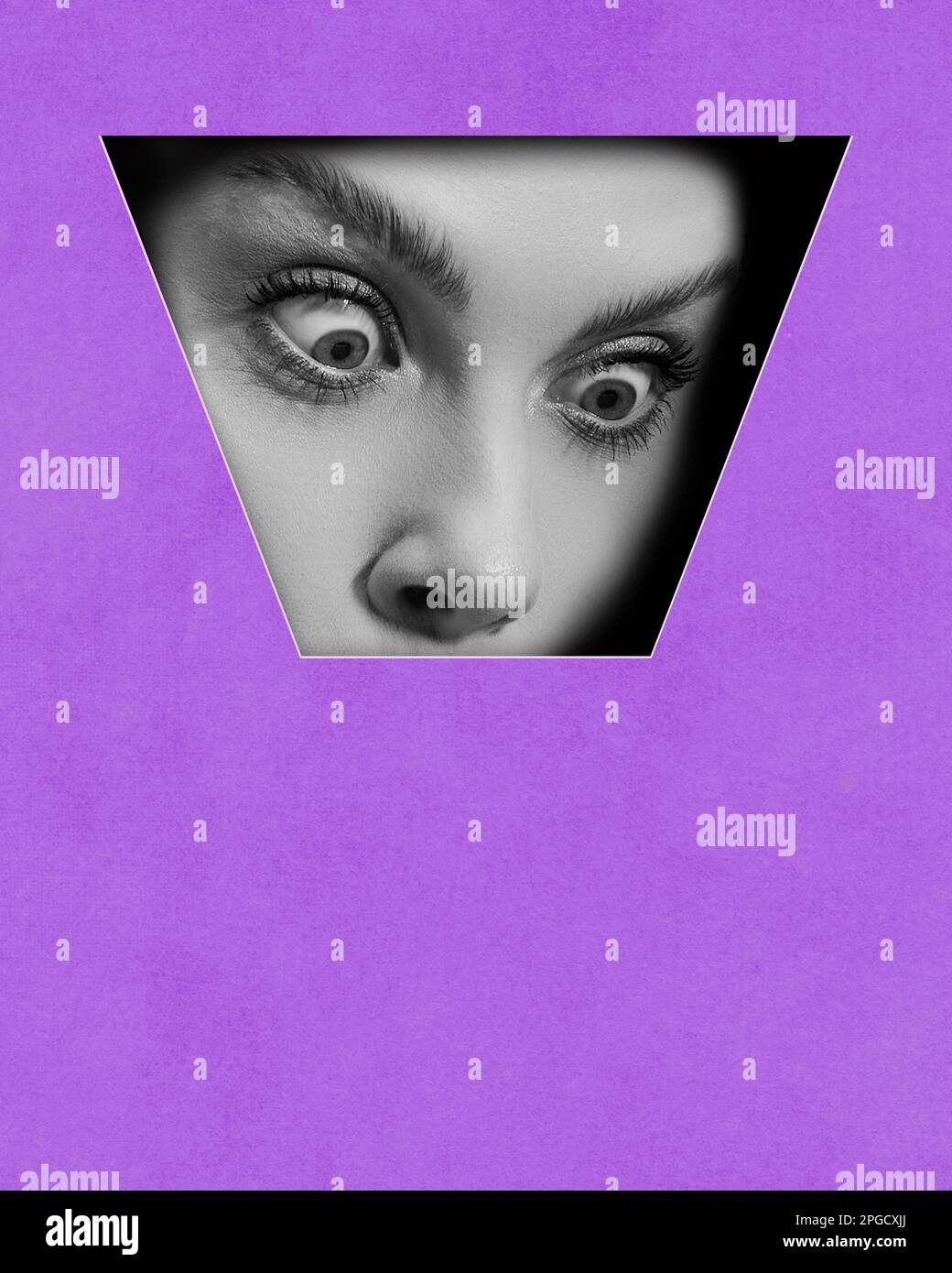 Shocked Face Black And White Female Face Part With Widely Open Eyes Against Purple Background