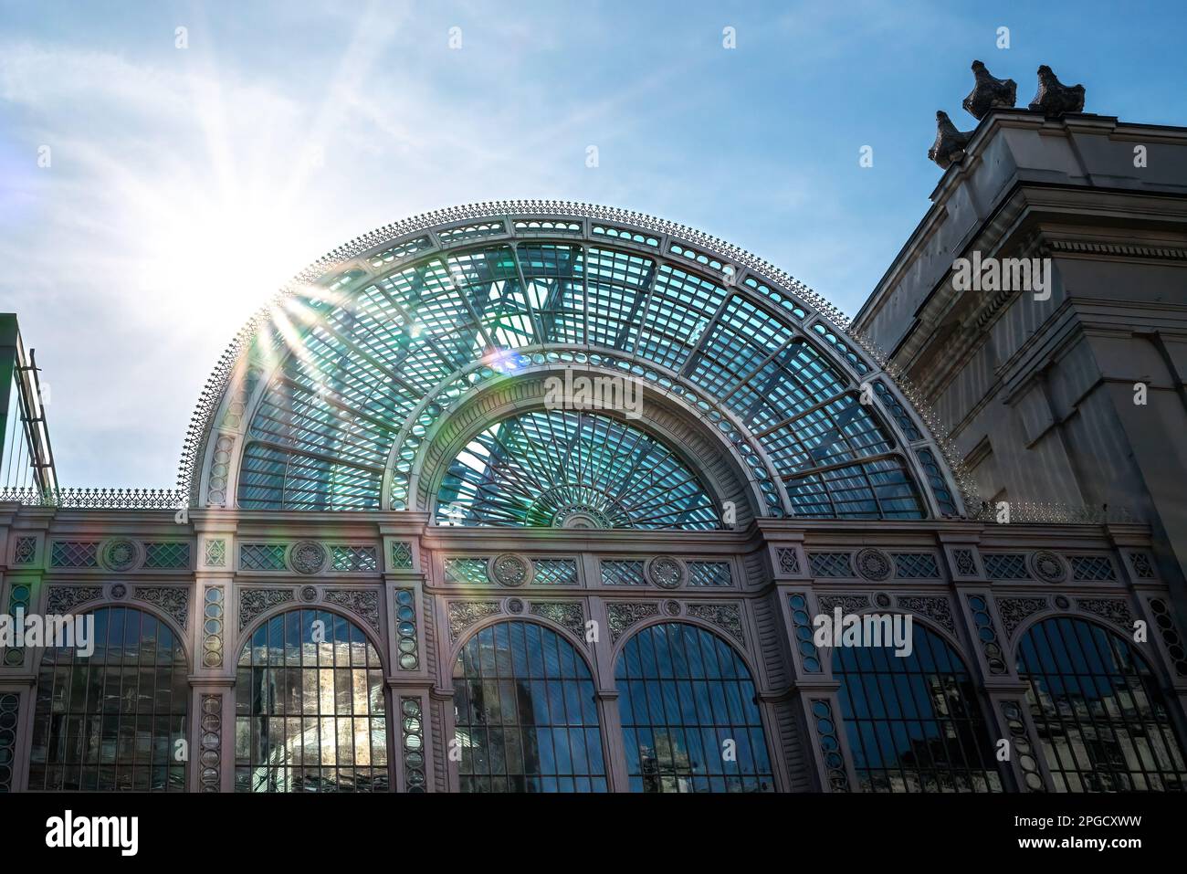 London, UK - 16 April 2022: Sunlight lights up the glass atrium of the ...
