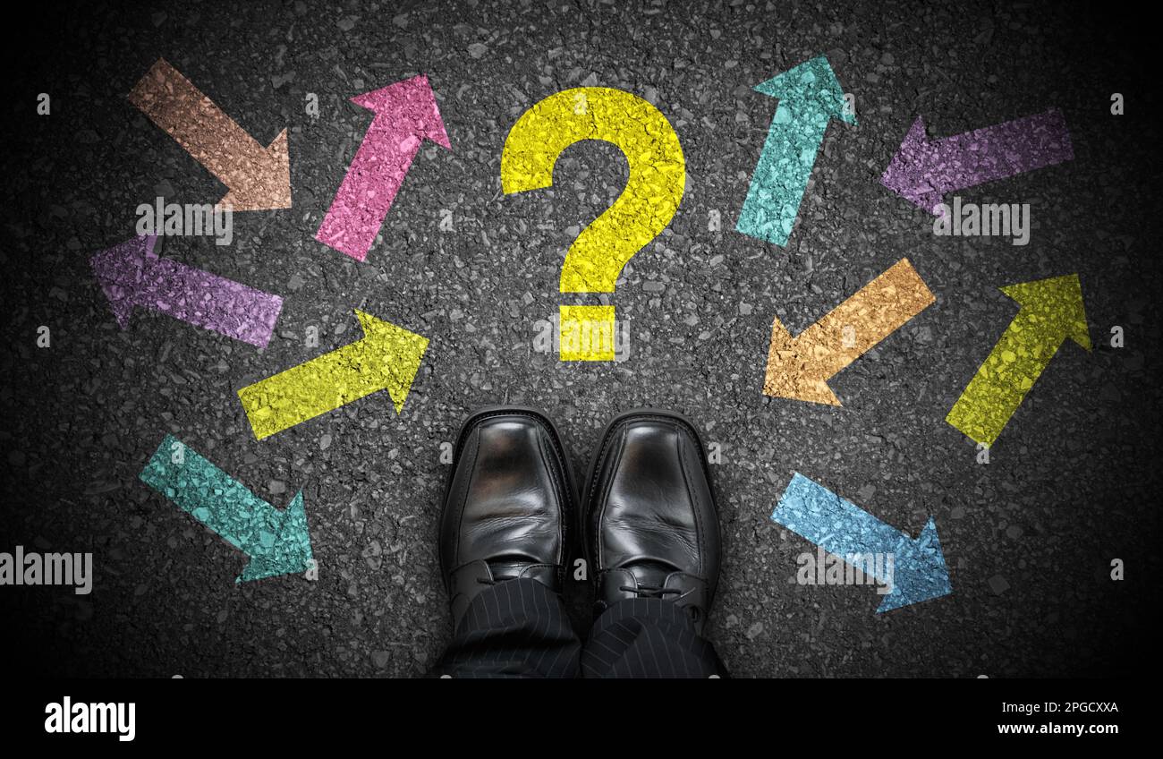 Black business shoes, question mark and many arrows - chaos concept ...