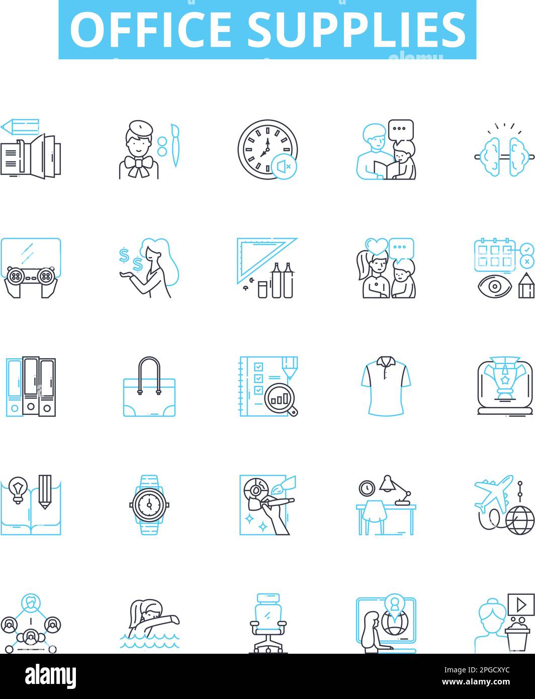 Office supplies vector line icons set. Stationery, Paper, Pencils, Pens ...