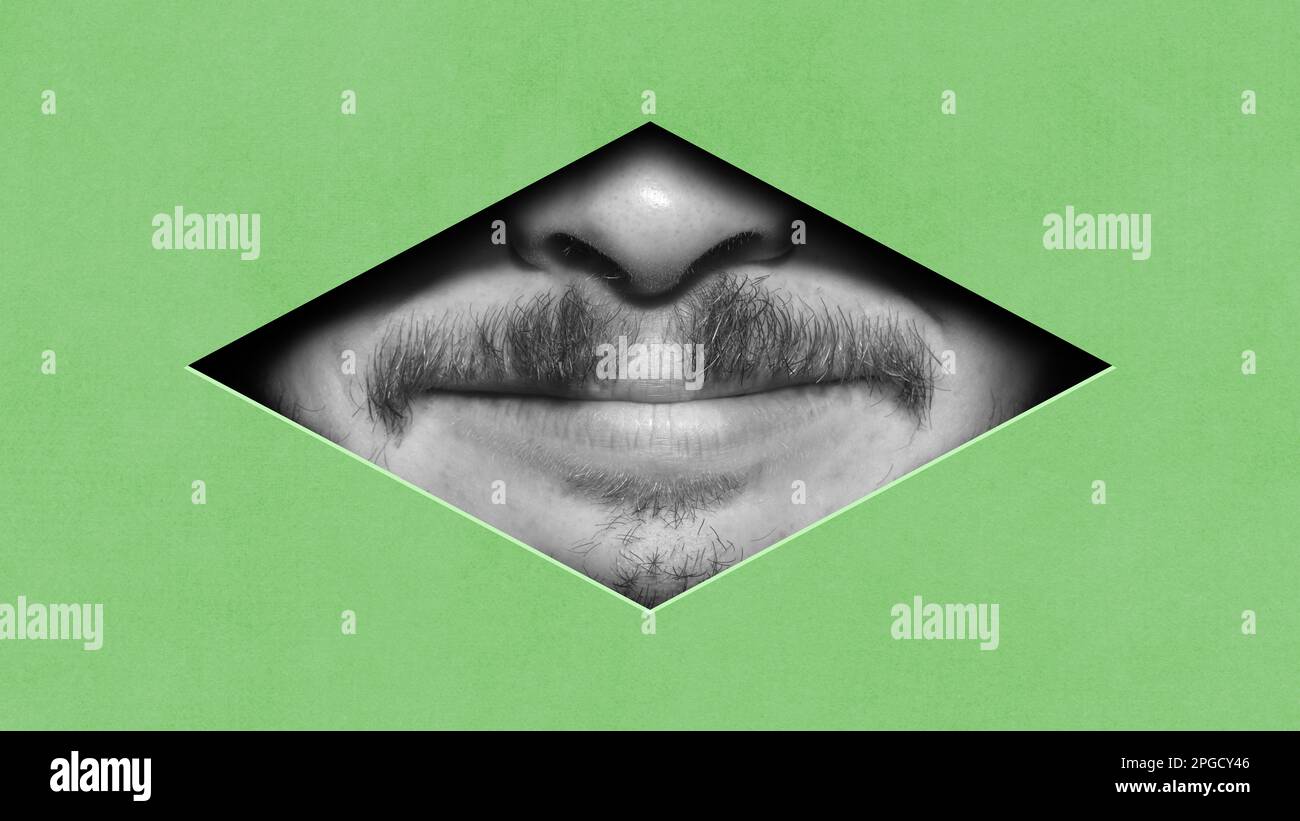Black and white image of male face part, lips and moustaches against ...
