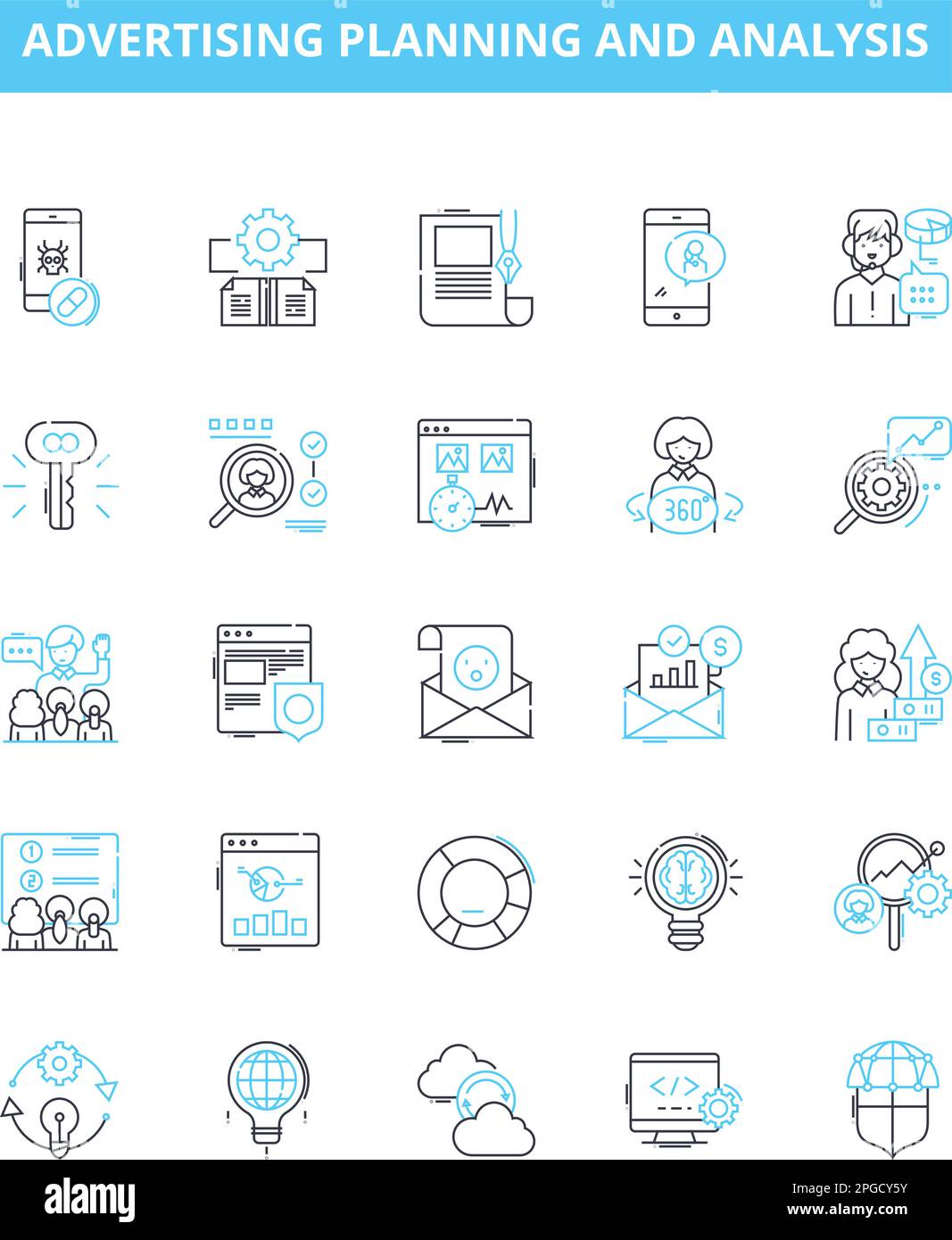 Advertising planning and analysis vector line icons set. Advertising ...