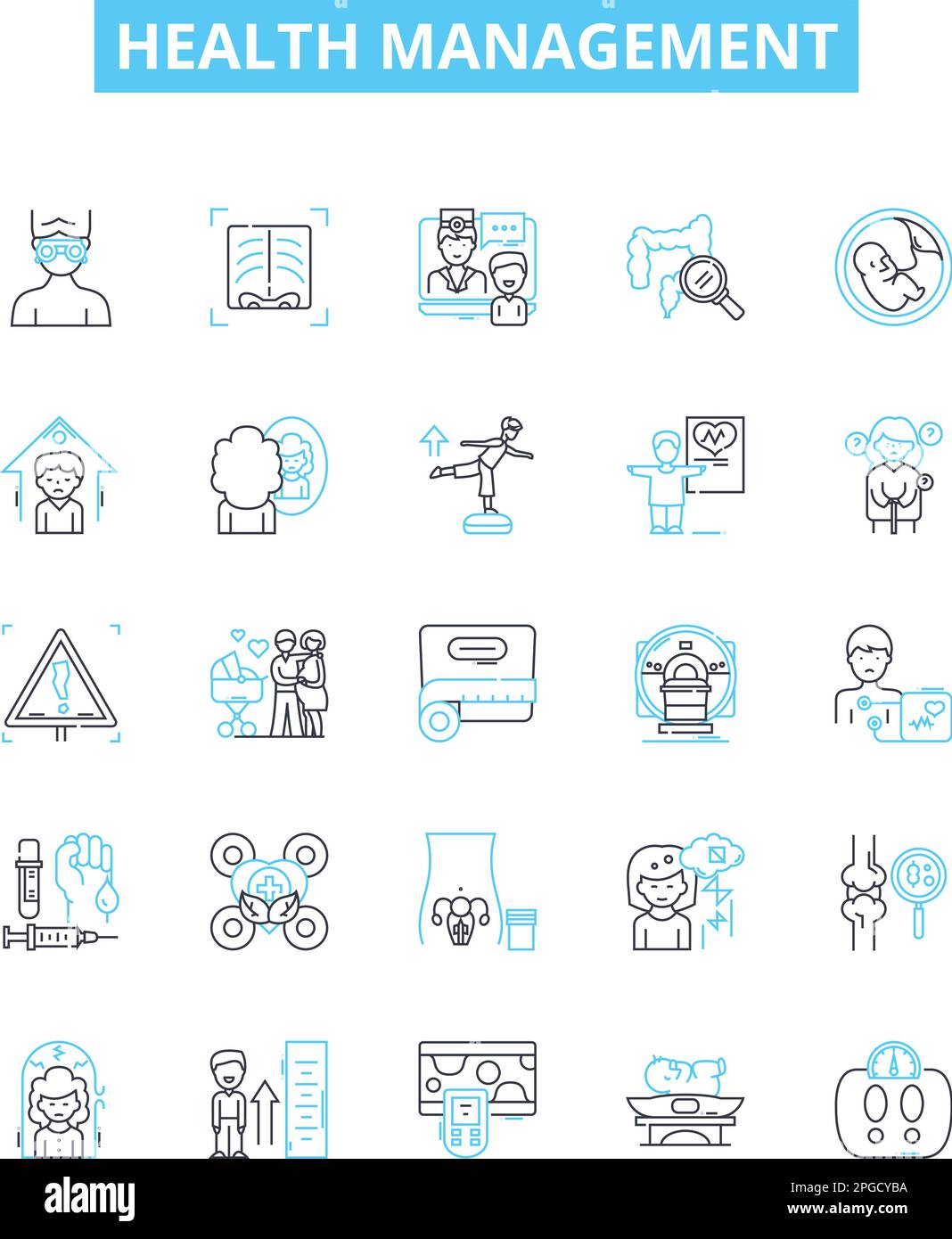 Health management vector line icons set. Wellness, Care, Prevention, Rehabilitation, Therapy ...