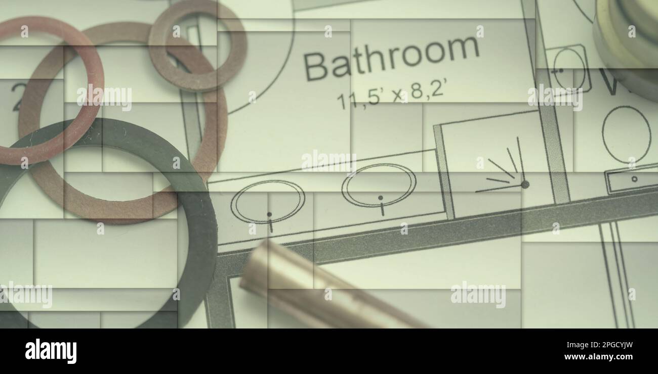Plumbing equipment on a blueprint, geometric pattern Stock Photo - Alamy