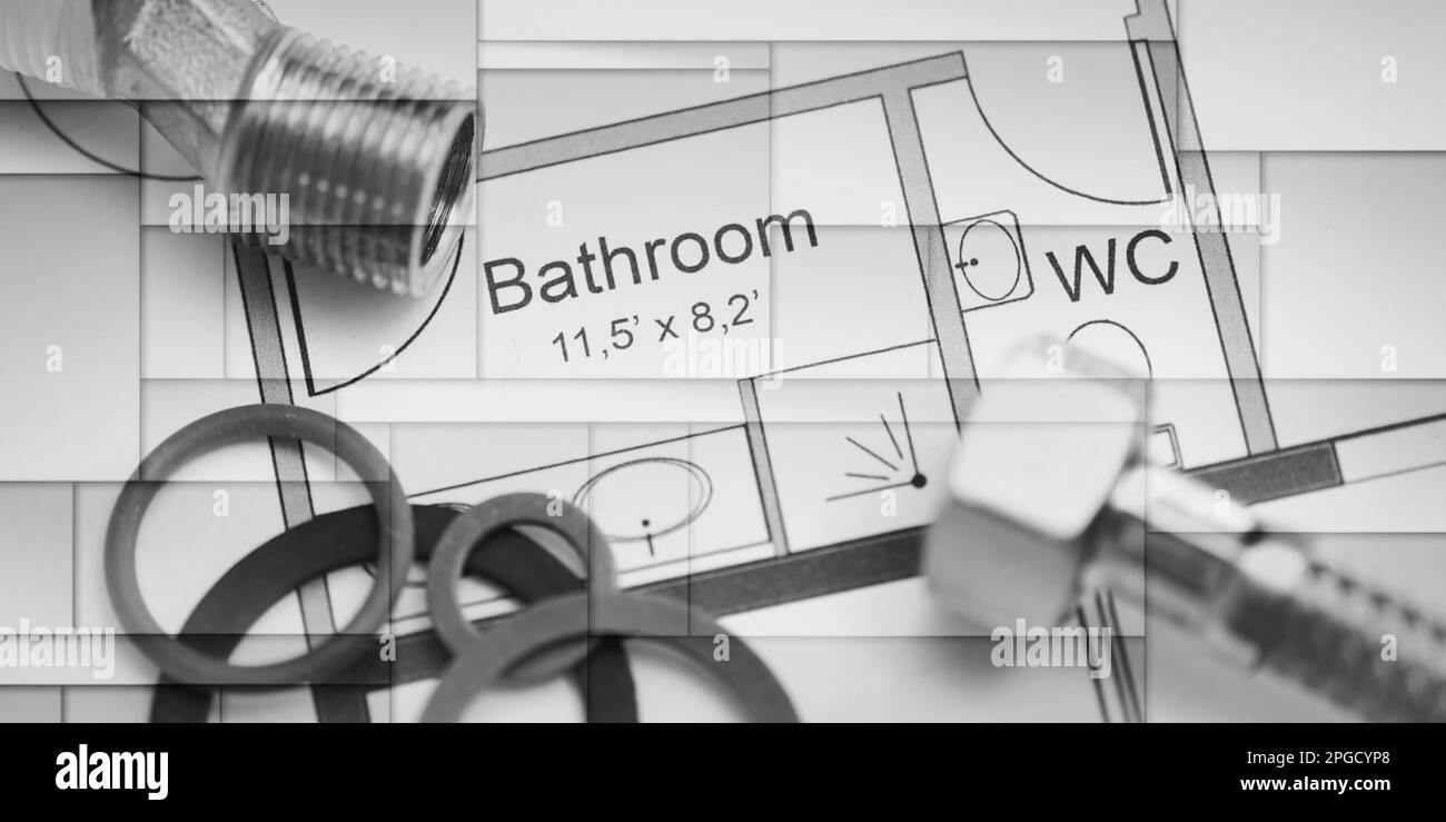 Plumbing equipment on a blueprint, geometric pattern Stock Photo - Alamy