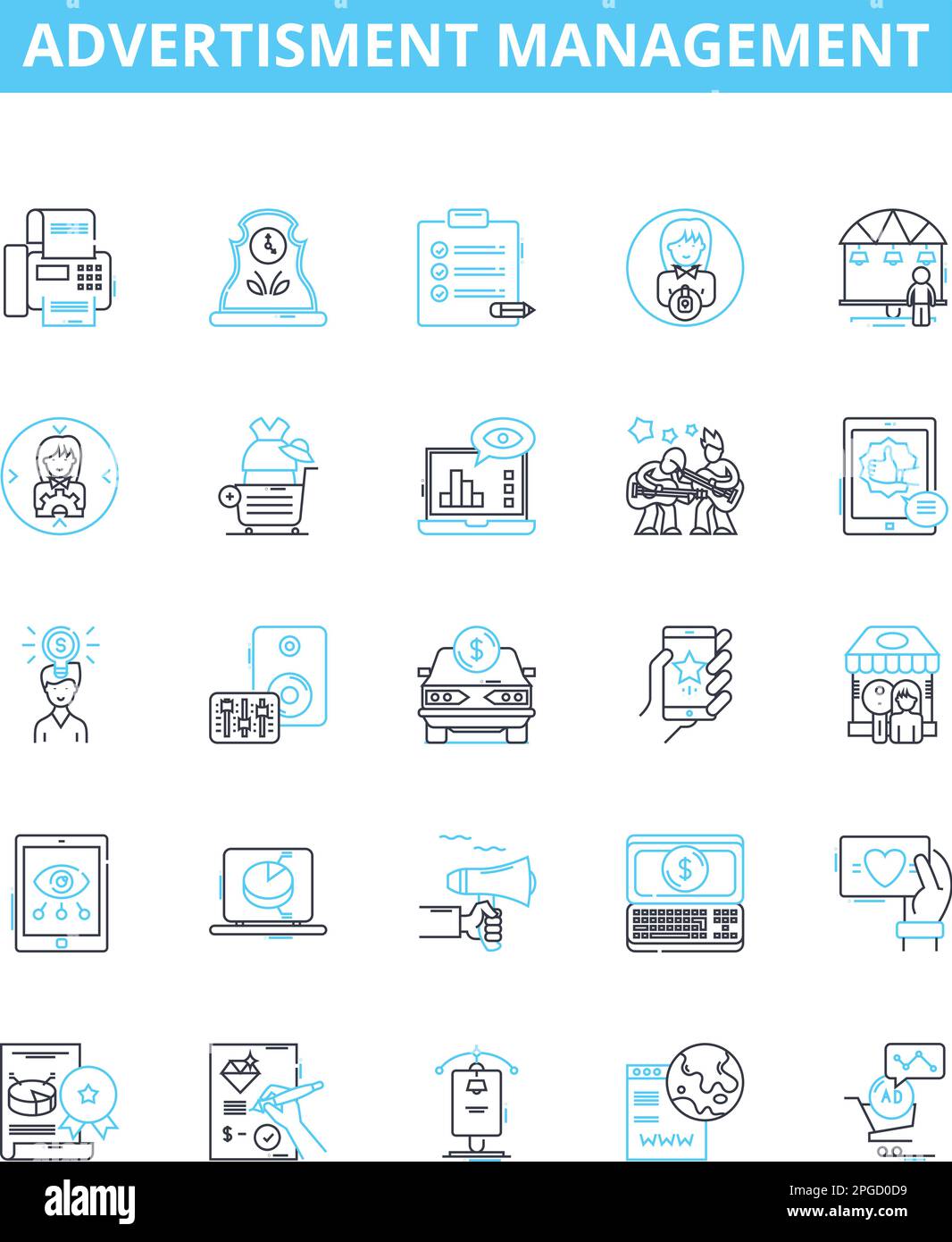 Advertisment management vector line icons set. Advertising, Management, Strategy, Impacts ...