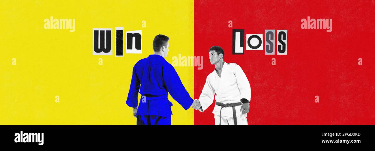 Win and lose. Male martial arts, karate athletes in uniforma shaking ...