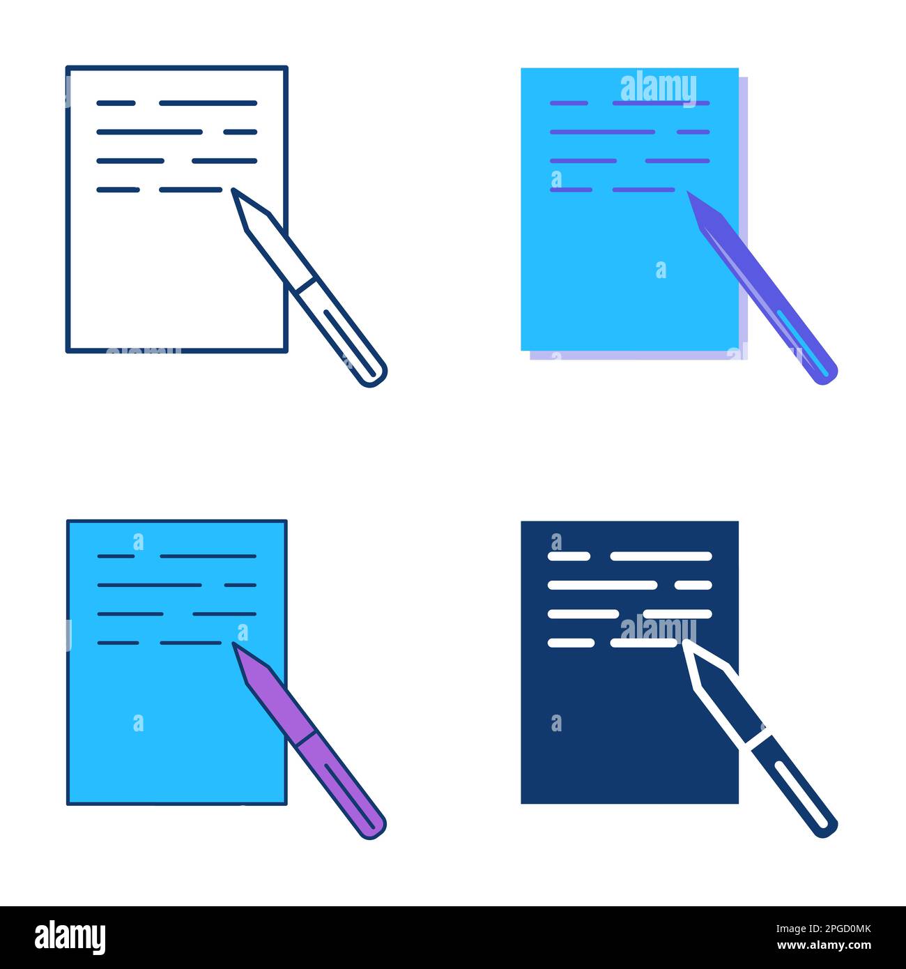 Pen and paper with text icon set in flat and line style. Writing ...