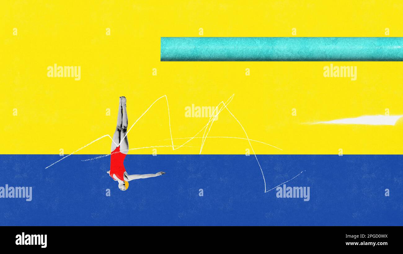 Young professional female swimmer jumping into sea against yellow ...