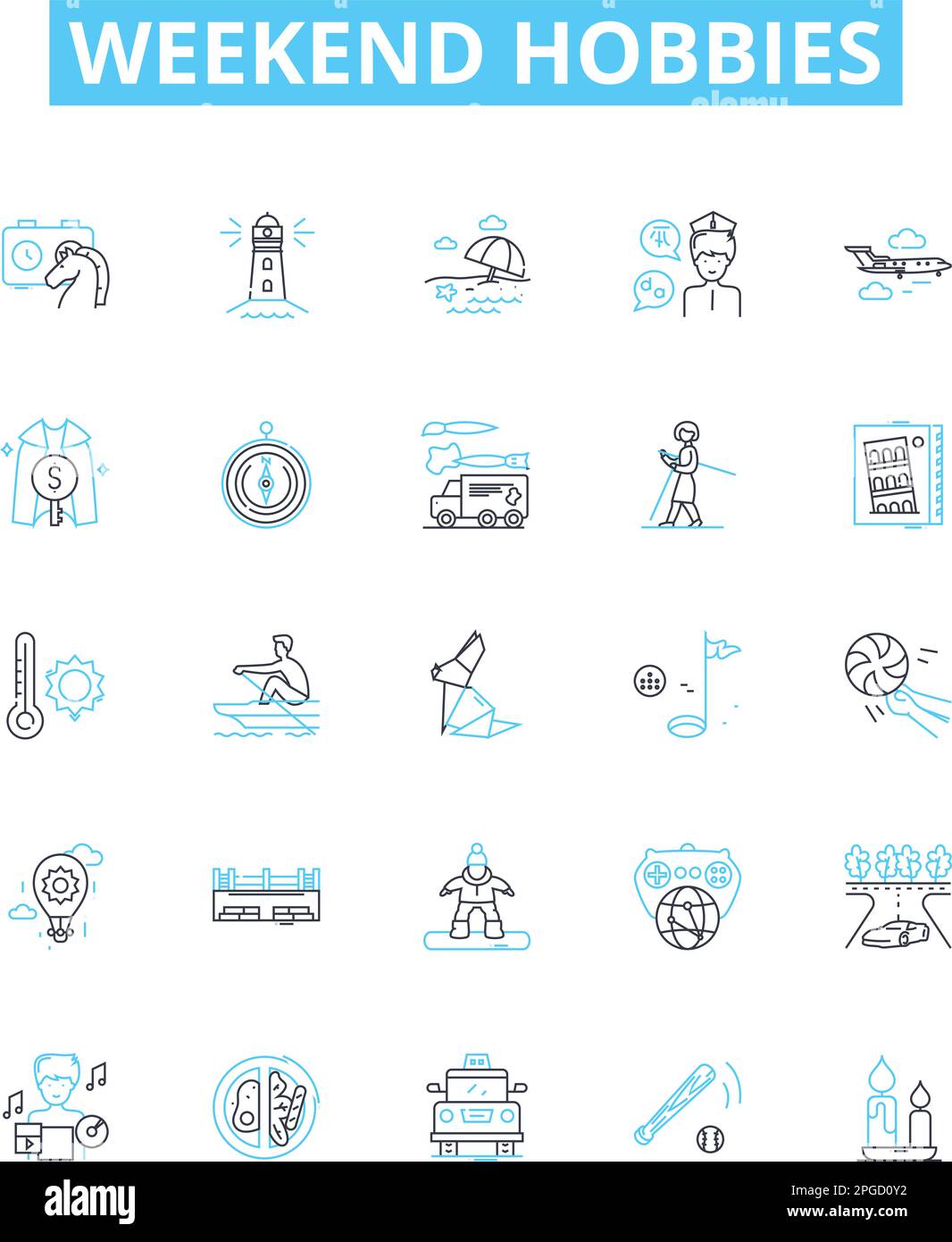 Weekend hobbies vector line icons set. Gardening, Hiking, Fishing, Swimming, Reading, Cooking ...