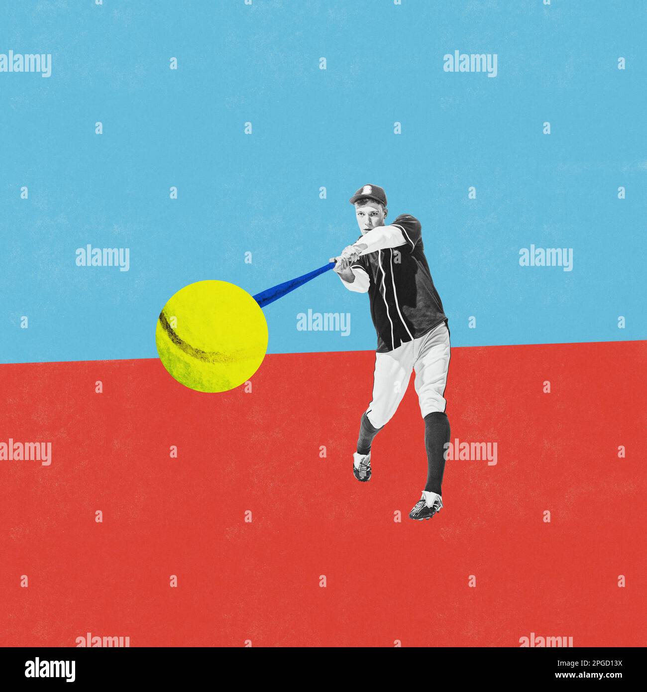 Concentrated young man, athlete playing baseball over blue red ...