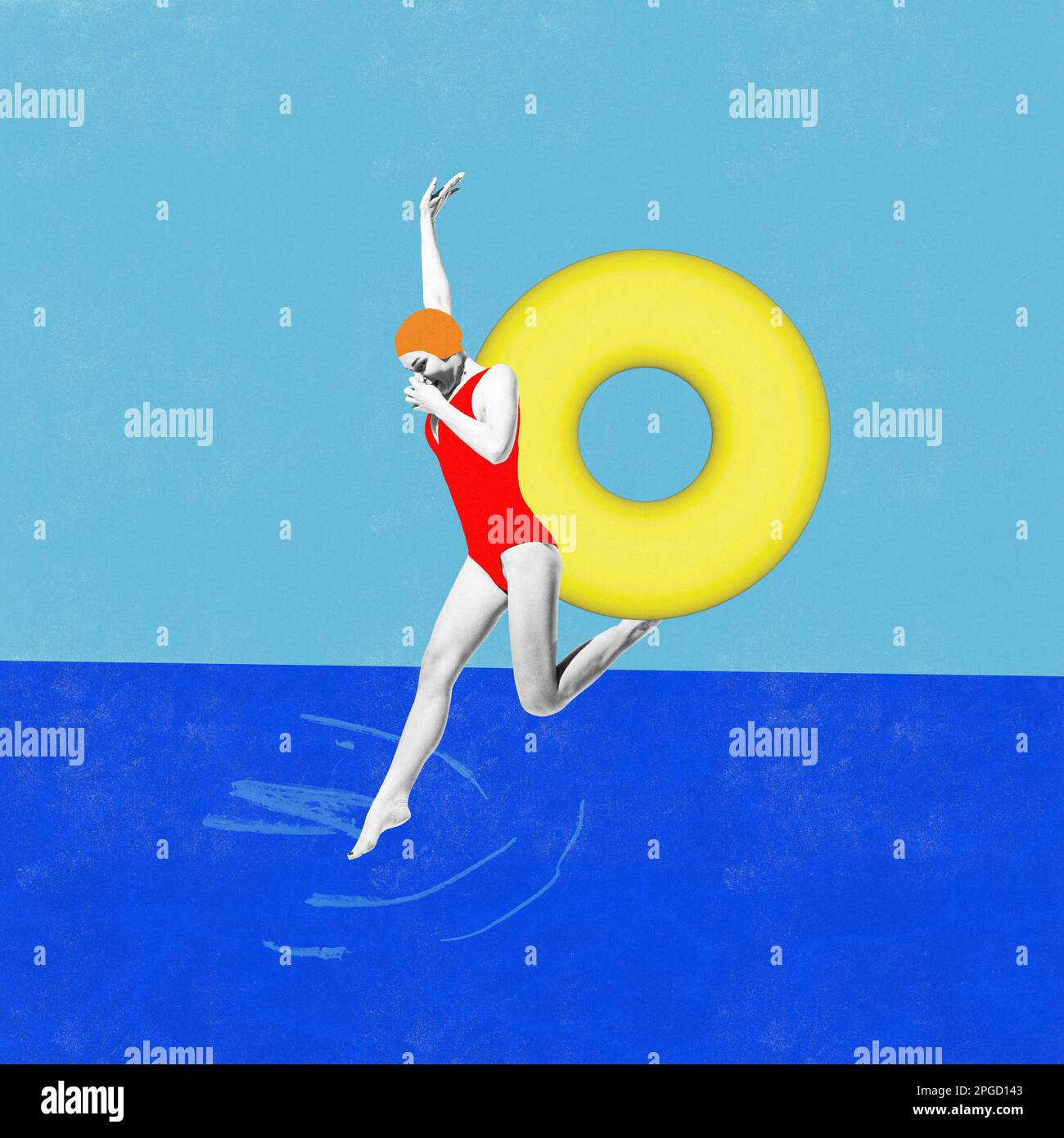 Young woman in red swimming suit and cap jumping into sea with swimming ...