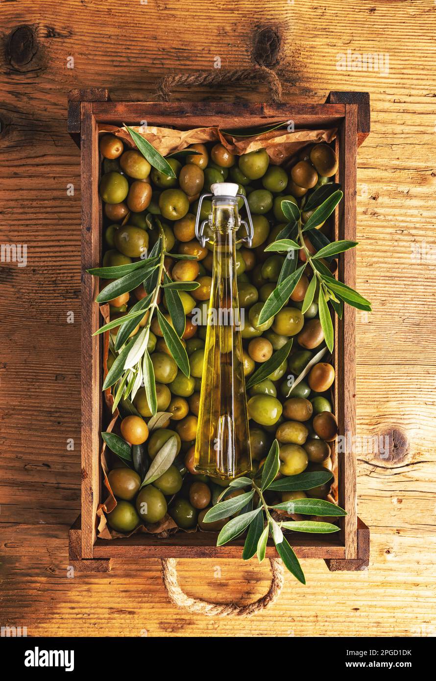 Fresh ripe olives in box ready for extraction and cold pressed organic ...