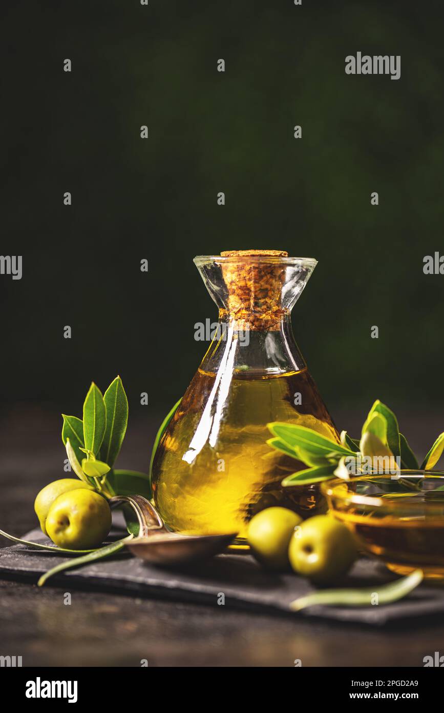 Olive concept, extra virgin olive oil, space for your text Stock Photo - Alamy