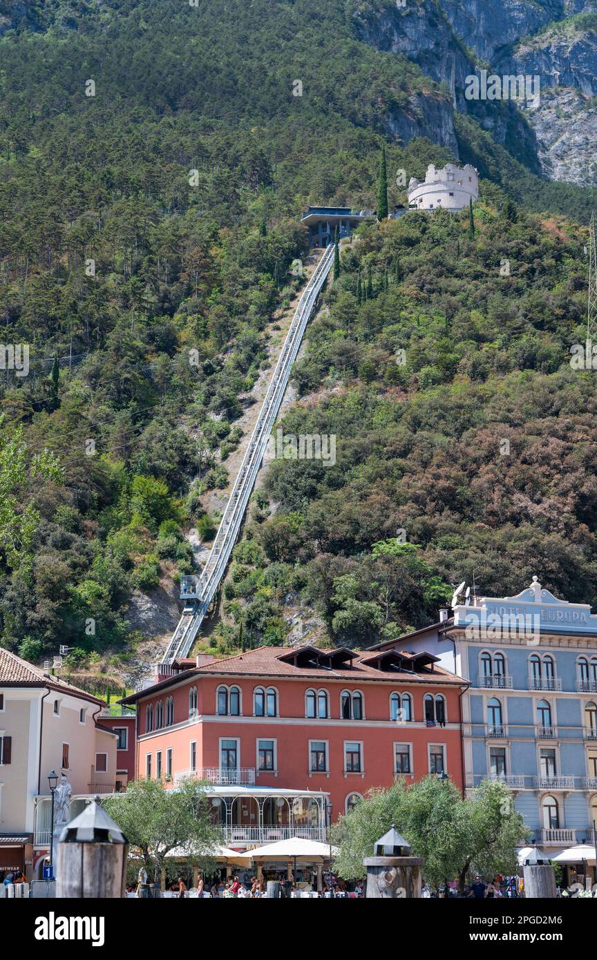 Funicular lift on the mountain side above Riva on Lake Garda in Italy ...
