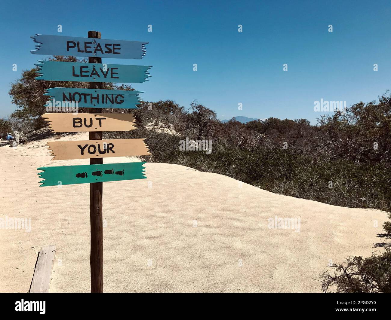 A sandy beach scene featuring a sign with "Please leave nothing but ...
