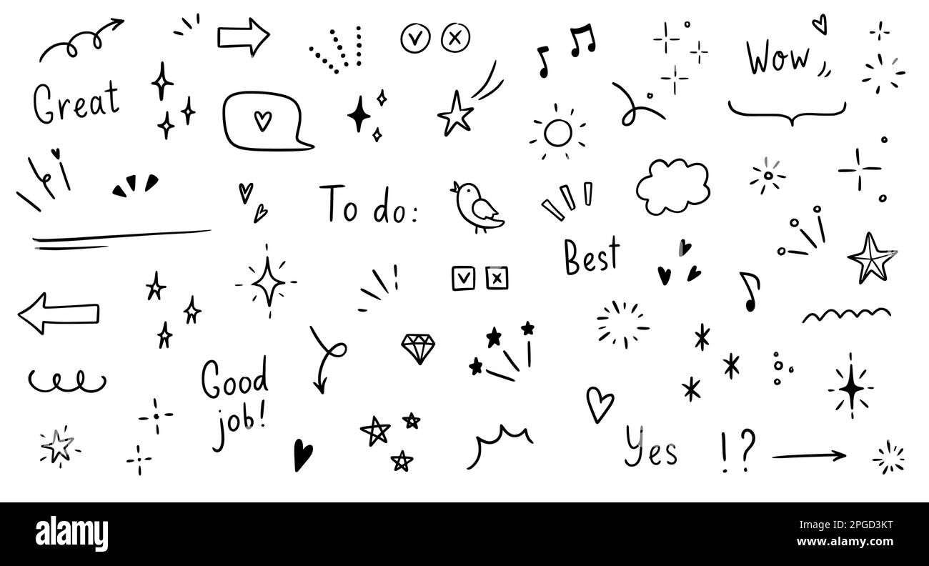 Doodle cute glitter pen line elements. Doodle heart, arrow, star ...