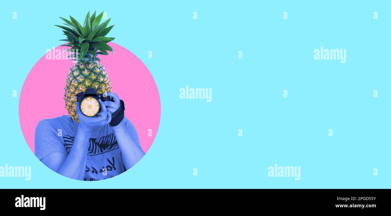 Art collage with photographer and orange and pineapple fruit. Art ...