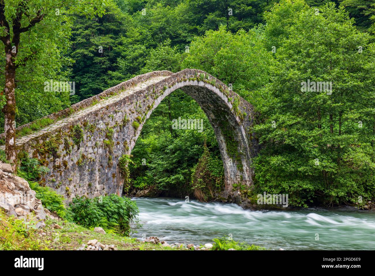 Stone bridge on Firtina Stream in Camlihemsin, Rize, Turkey. Beautiful ...