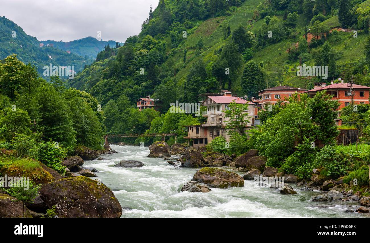 Camlihemsin center view with Firtina Stream in Rize, Turkey. Beautiful ...