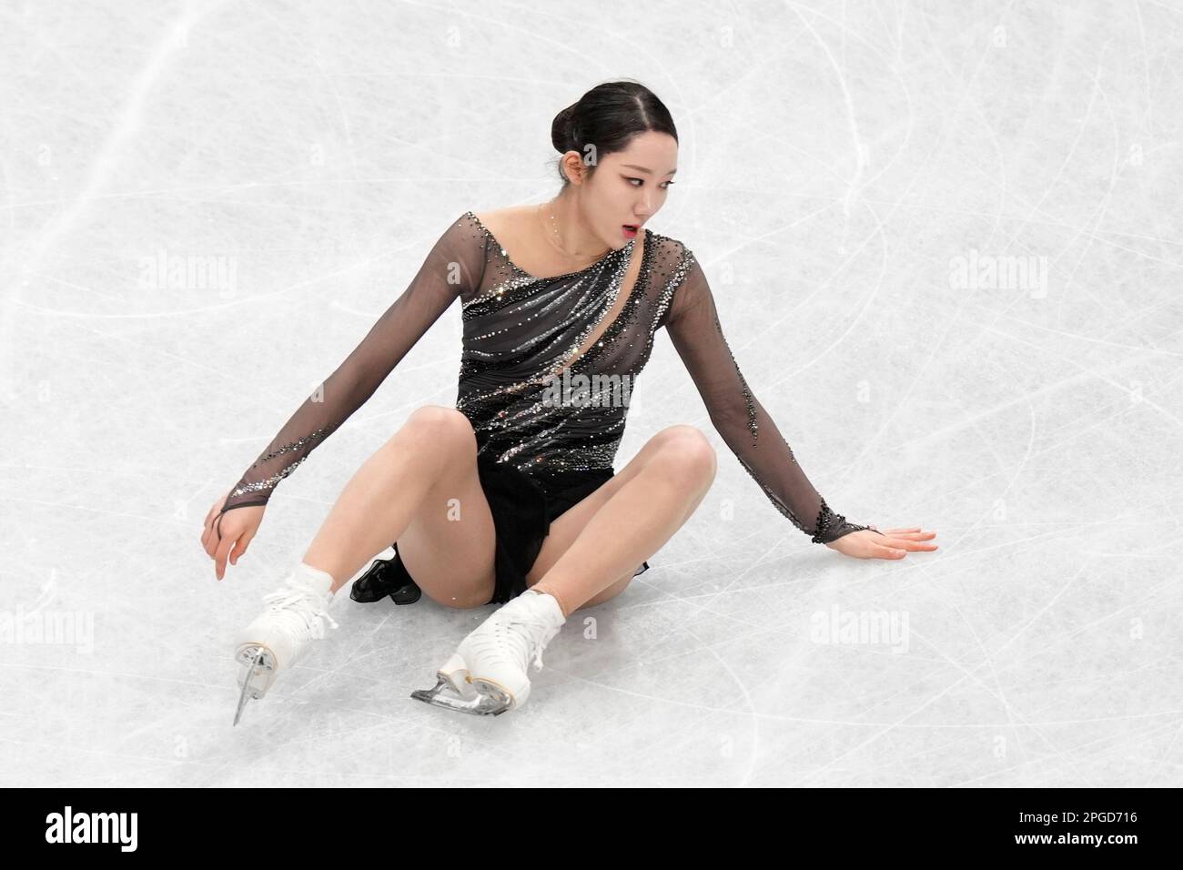 Kim Ye-lim of South Korea falls during her performance for the women's ...