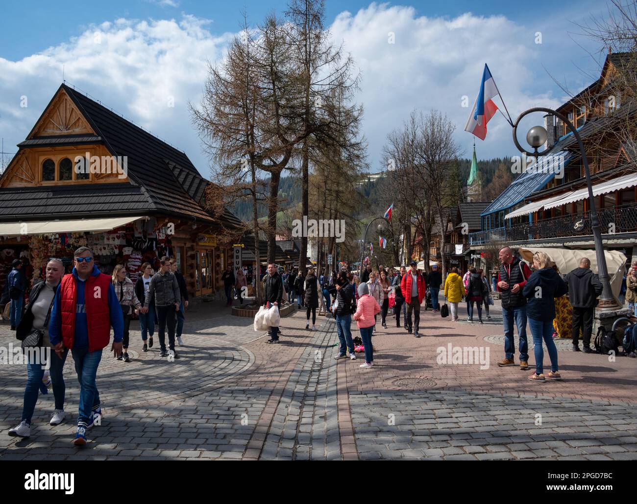 View of the city Centre with colorful houses, shops, restaurants and ...
