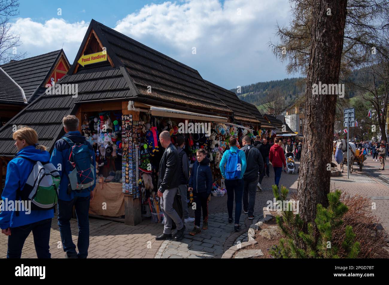 View of Souvenir shops on the streets selling winter clothes, colorful ...