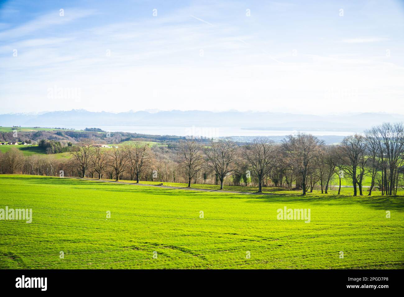 Aerial view of a wide open meadow with a backdrop of grey clouds in the ...