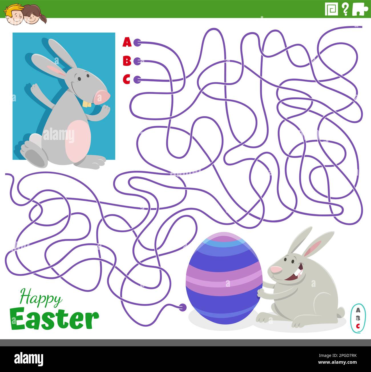 Cartoon illustration of lines maze puzzle game with Easter Bunnies and ...
