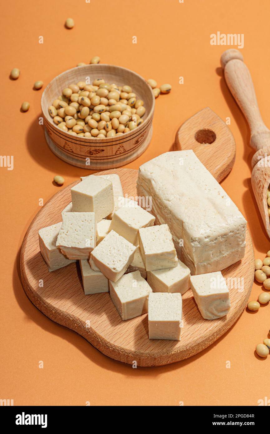 Fresh Tofu cheese with soybeans. Cube pieces, healthy ingredient for ...